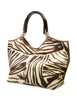 FERRAGAMO 2000-2026 Zebra Printed Straw Shopper Tote Bag