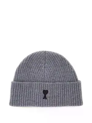 AMI Paris De Coeur Ribbed-knit Beanie Hat - Grey