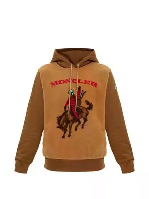 Moncler Cowboy-motif Fleece-panel Hoodie - Brown