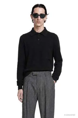 LARDINI Wool And Cashmere Long Sleeve Polo - Black