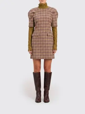 TWINSET Houndstooth Sheath Mini Dress With Puff Sleeves And Lace Inserts - Multicolor