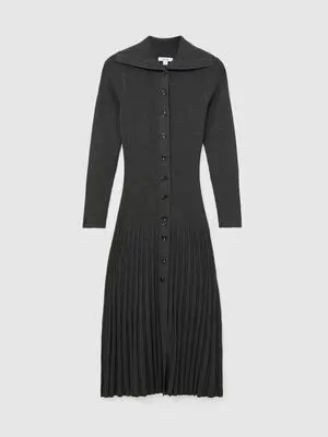 REISS Nova Pleated Knit Collared Midi Dress