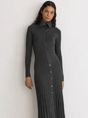 REISS Nova Pleated Knit Collared Midi Dress