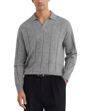 REISS Compton Wool Open Collar Square Pattern Polo Shirt - Grey