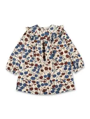 Bonpoint Stretch Organic Cotton Corduroy Mini Dress With Multicolour Print & Ruffled Neckline - Hazelnut Print