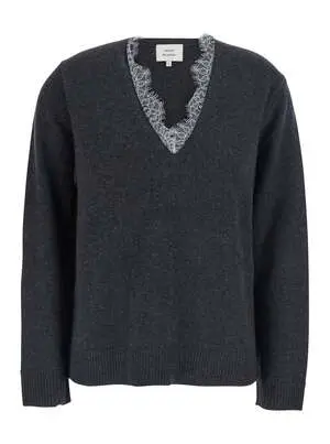 Loulou De Saison V-neck Cashmere Sweater With Lace Details For - Grey