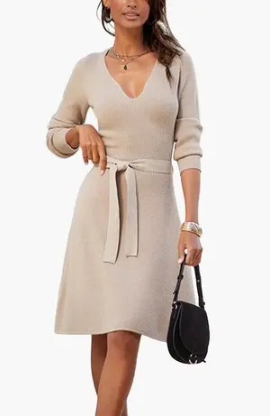 LASCANA V-neck Belted Sweater Dress - Beige-mottled