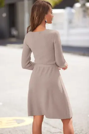 LASCANA V-neck Belted Sweater Dress - Beige-mottled