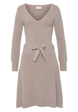 LASCANA V-neck Belted Sweater Dress - Beige-mottled