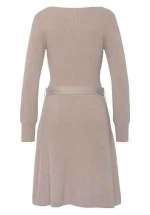 LASCANA V-neck Belted Sweater Dress - Beige-mottled