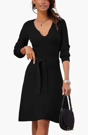 LASCANA V-neck Belted Sweater Dress - Black
