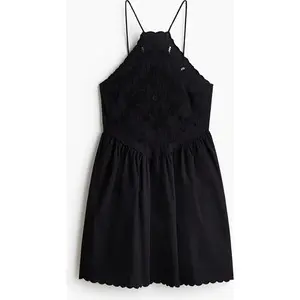 H&M Flared-skirt Dress With Eyelet Embroidery - Black