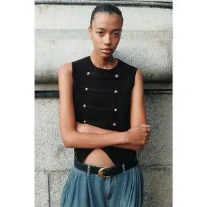 H&M Double-breasted Fine-knit Vest - Black