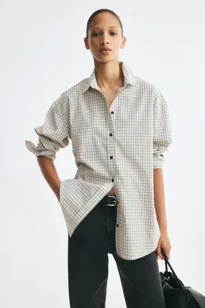 H&M Oversized Shirt Cream/checked
