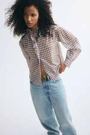 H&M Ruffle-trimmed Blouse - Cream/checked