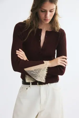 H&M Lace-trimmed Rib-knit Cardigan