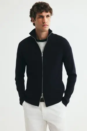 H&M Slim-fit Rib-knit Cardigan - Navy Blue