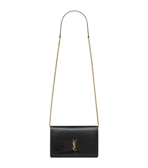 Saint Laurent Cassandre Croc-embossed Envelope Chain Wallet - Black