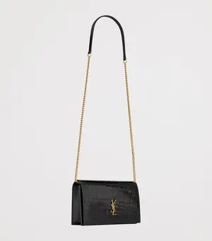 Saint Laurent Cassandre Croc-embossed Envelope Chain Wallet - Black