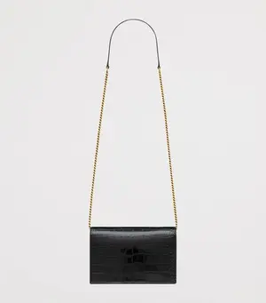 Saint Laurent Cassandre Croc-embossed Envelope Chain Wallet - Black