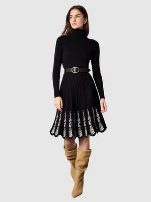 APRICOT Lace Embroidery Fit Flare Knit Dress