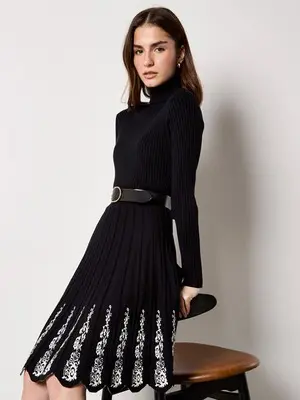 APRICOT Lace Embroidery Fit Flare Knit Dress