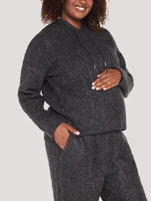 Motherhood Maternity Long Sleeve Cable Knit Sweater Hoodie - Charcoal
