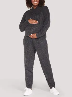 Motherhood Maternity Long Sleeve Cable Knit Sweater Hoodie - Charcoal