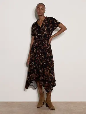 APRICOT Painterly Leaf Hanky Hem Midi Dress