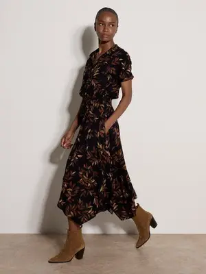 APRICOT Painterly Leaf Hanky Hem Midi Dress
