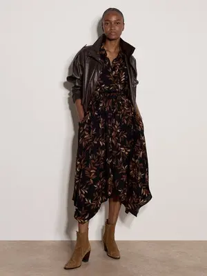 APRICOT Painterly Leaf Hanky Hem Midi Dress