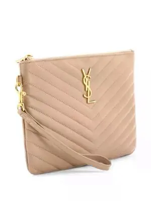 Saint Laurent Classic Monogram Wristlet Pouch Matelasse Chevron Leather Small Clutch Bag