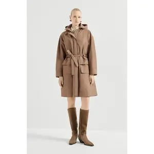 Brunello Cucinelli Techno Cotton Taffeta Coat With Detachable Hood And Shiny Zipper Pull - Camel