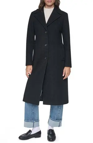 Dkny Single Breasted Bouclé Wool Blend Coat - Black