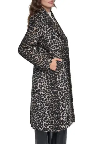 Dkny Single Breasted Bouclé Wool Blend Coat - Leopard