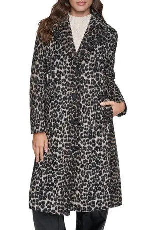 Dkny Single Breasted Bouclé Wool Blend Coat - Leopard