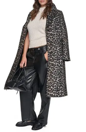 Dkny Single Breasted Bouclé Wool Blend Coat - Leopard