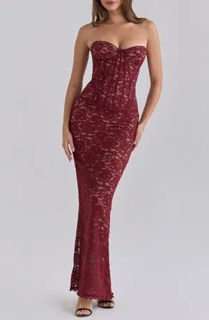 House Of Cb Solaine Lace-up Strapless Lace Corset Gown - Cabernet