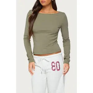 EDIKTED Savi Boat Neck Stretch Cotton Blend Top - Olive