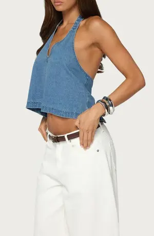 EDIKTED Teddie Backless Denim Halter Top