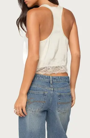 EDIKTED Onie Lace Hem Satin Tank