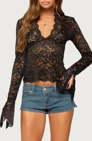 EDIKTED Sheer Lace Bell Sleeve Crop Top - Black