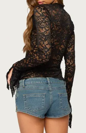 EDIKTED Sheer Lace Bell Sleeve Crop Top