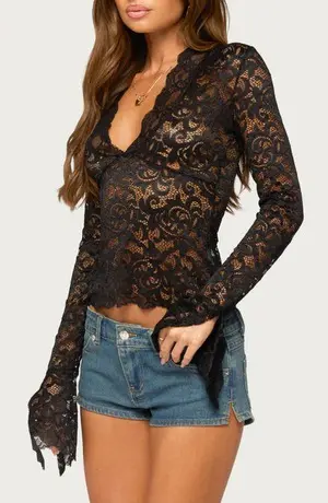 EDIKTED Sheer Lace Bell Sleeve Crop Top