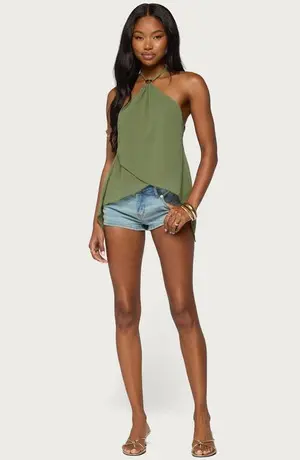 EDIKTED Split Open Back Chiffon Halter Top