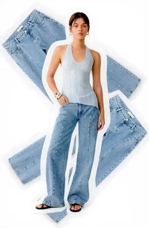 Mango Studded Seam Wide Leg Jeans - Medium Blue