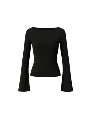 HEIMA ER GOTT Una Boat Neck Flared-sleeve Bamboo Top - Black