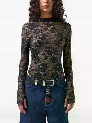 Gcds Floral-lace Logo-print Bodysuit - Black