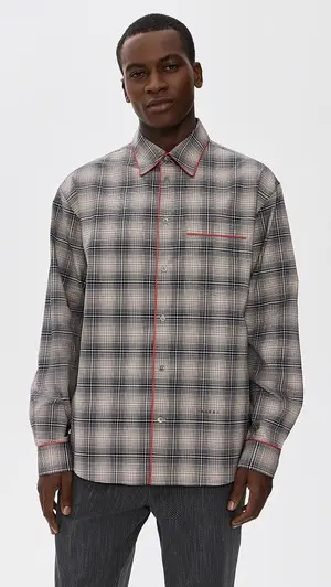 Marni Checked Poplin Shirt With Contrast Piping - Walnut