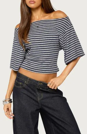 EDIKTED Jadan Striped Off Shoulder Top - Gray